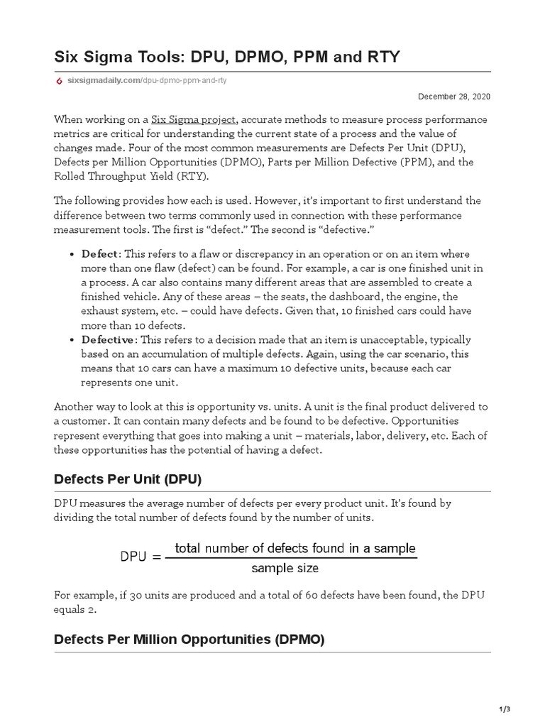 Six Sigma Tools Dpu Dpmo PPM and Rty | PDF | Six Sigma | Business