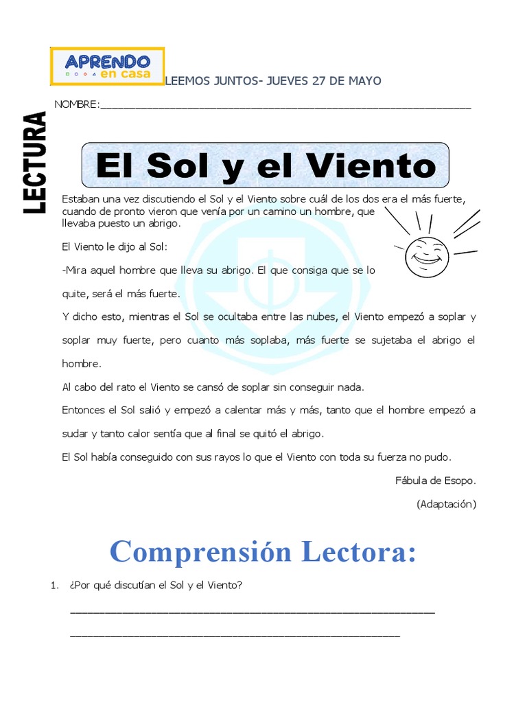 Fichas De Fábulas Sobre El Viento Y El Sol 🌞 Vacaciones,