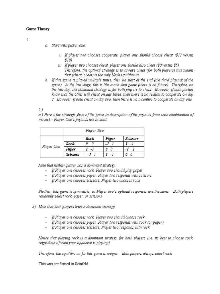 Game Theory: Rock Paper Scissors Rock 0 0 - 1 1 1 - 1 Paper 1 - 1 0 0 ...