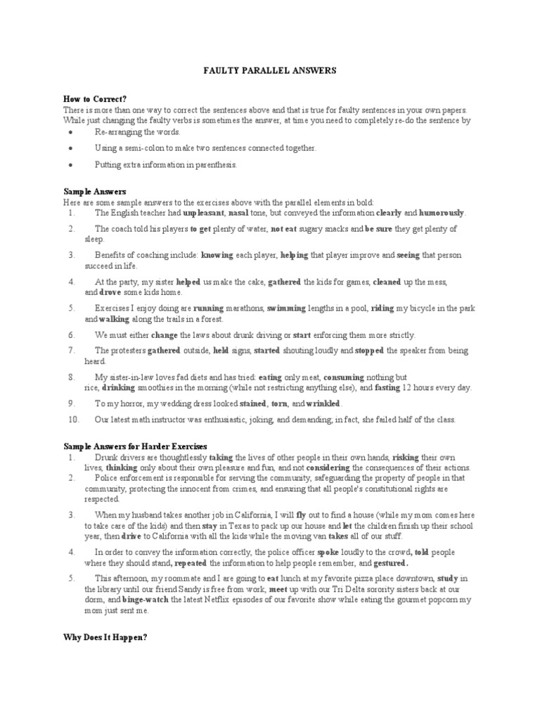 Parallelism Worksheet Answers and Tips | PDF | Sentence (Linguistics ...