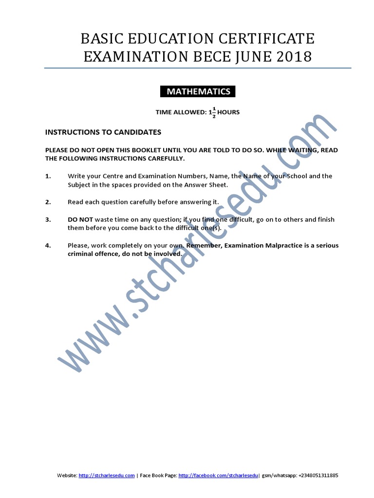 JSS3 BECE Mathematics Past Questions | PDF | Area | Geometry