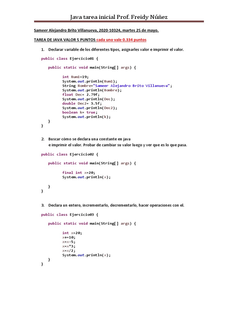 Ejercicios Java: Variables y Bucles | PDF | Java (lenguaje de programación) | Ciencias de la ...