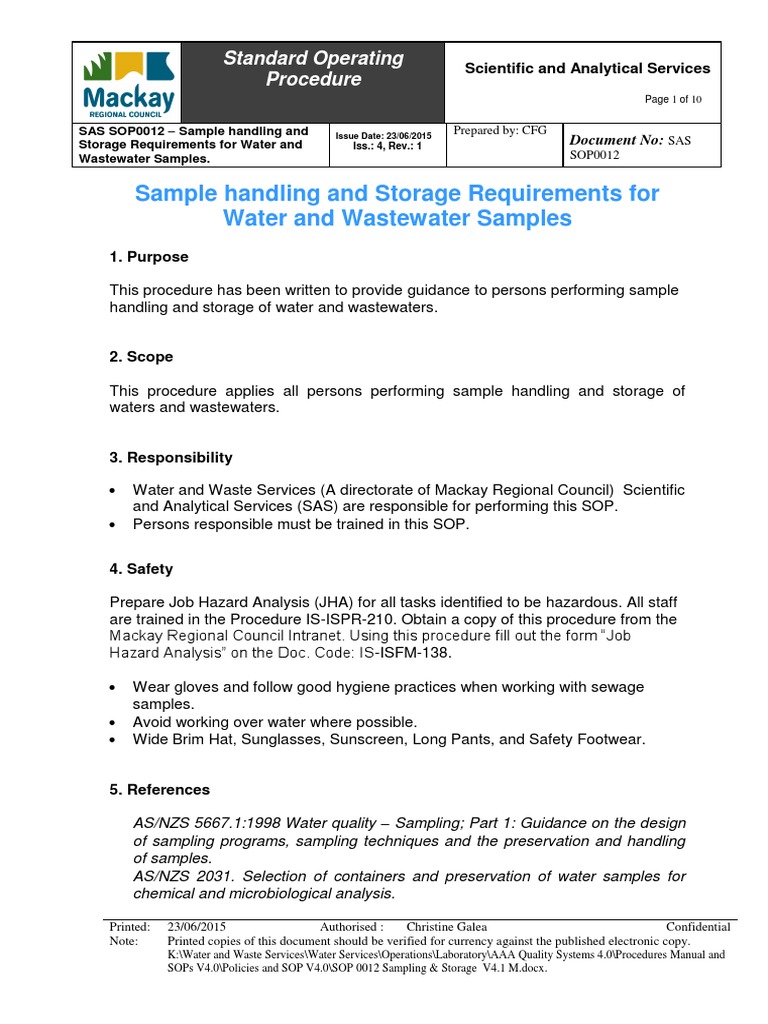 Sample Handling and Storage Requirements For Water and Wastewater ...