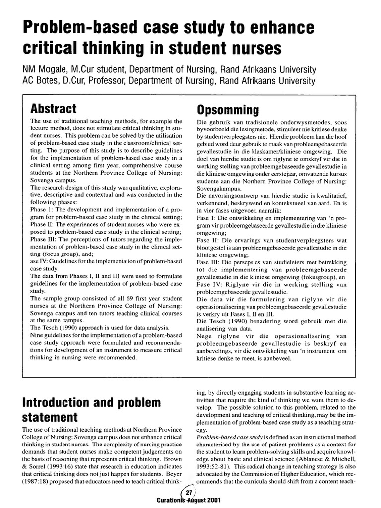Problem-Based Case Study To Enhance Critical Thinking in Student Nurses | PDF | Critical ...