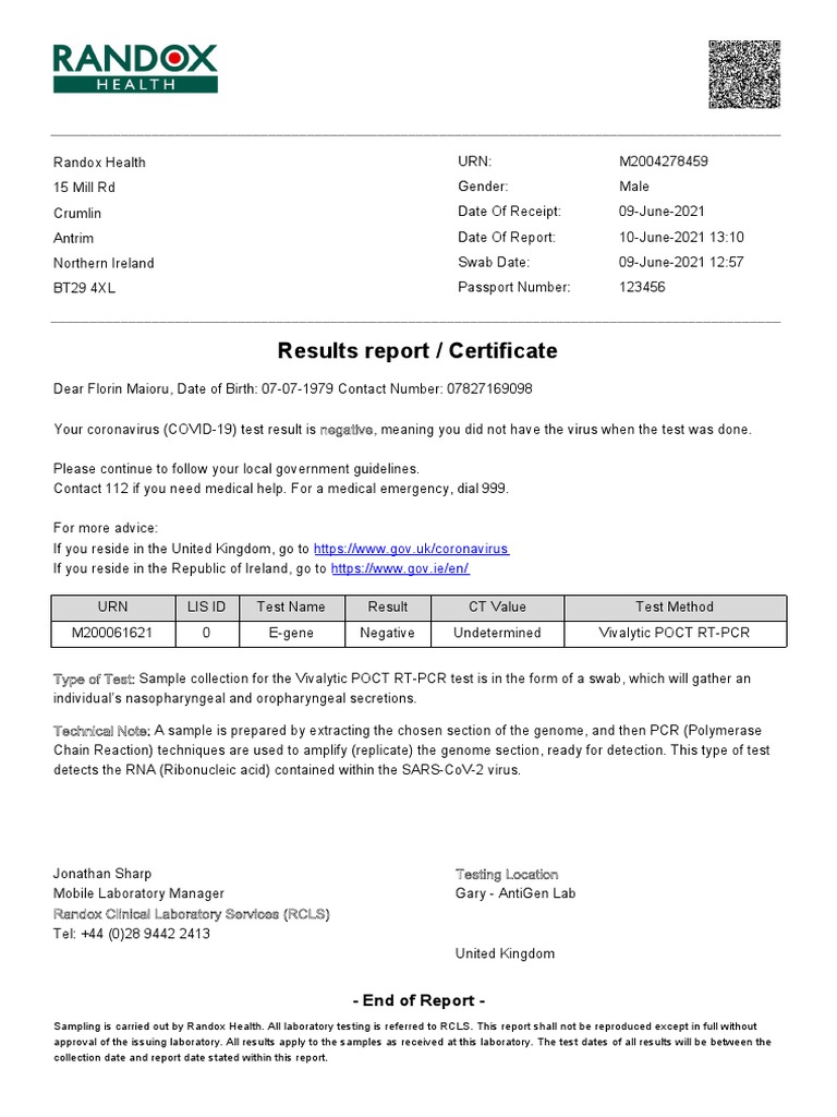 COVID-19 Negative PCR Test Certificate | PDF | Reverse Transcription ...