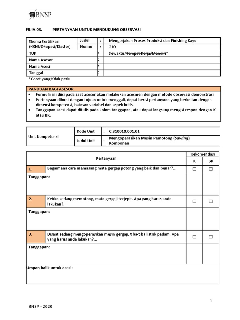 FR. IA. 03 Pertanyaan Pendukung Utk Observasi | PDF