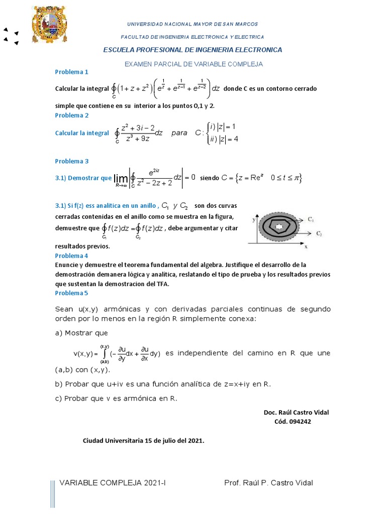 Examen Parcial de Variable Compleja | PDF | Análisis complejo | Integral