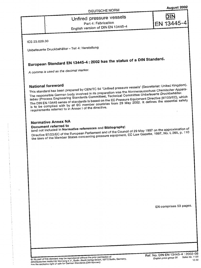 DIN En-13445-4 08-2002 Unfired Pressure Vessels | PDF