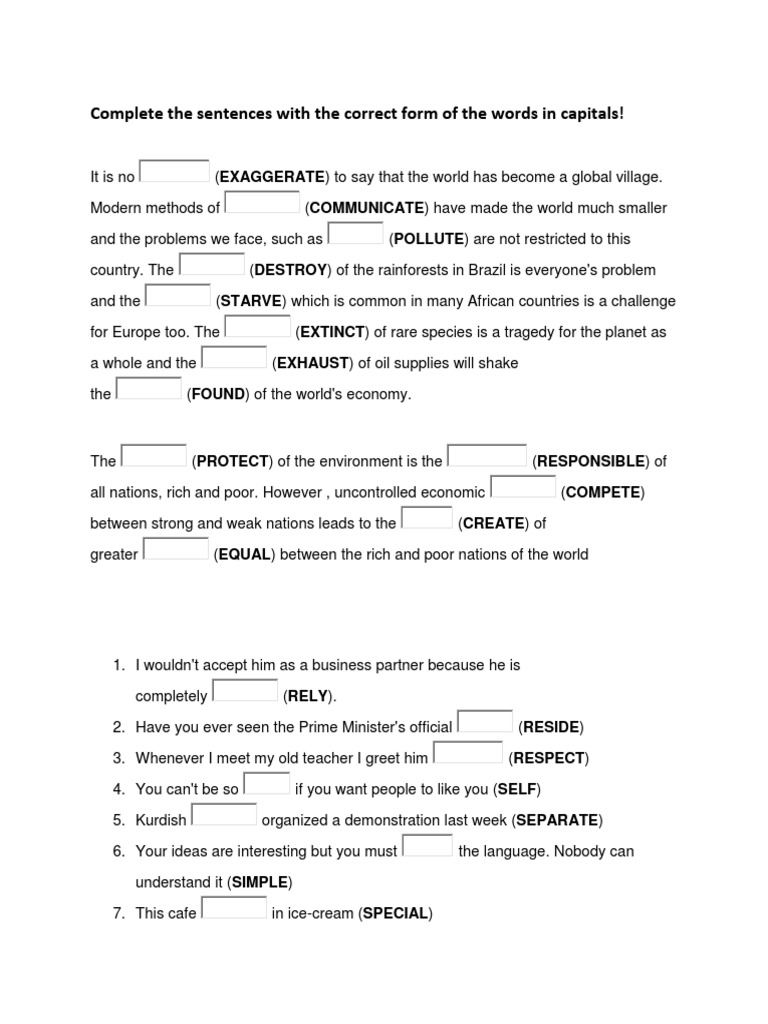 Complete The Sentences With The Correct Form of The Words in Capitals ...