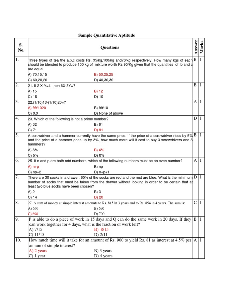 Sample Quantitative Aptitude S. No. Questions | PDF | Teaching ...