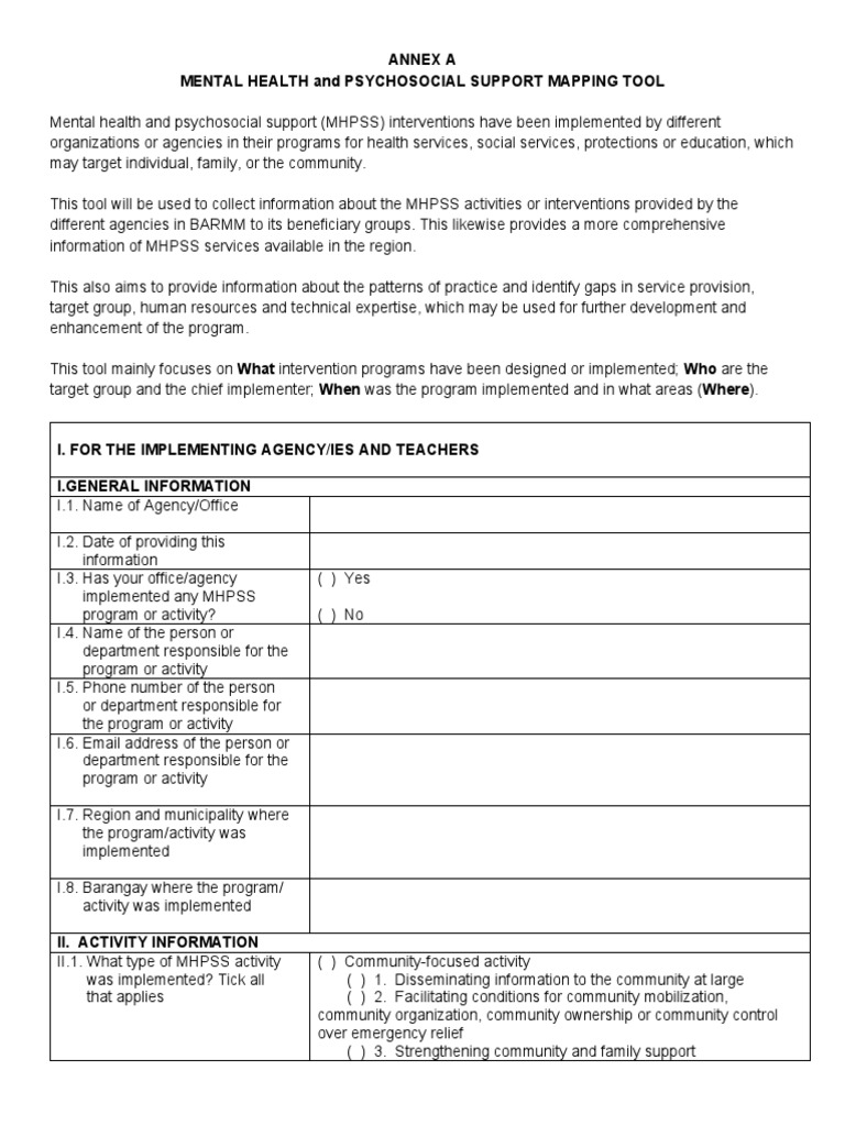 Annex A Mental Health and Psychosocial Support Mapping Tool | PDF ...