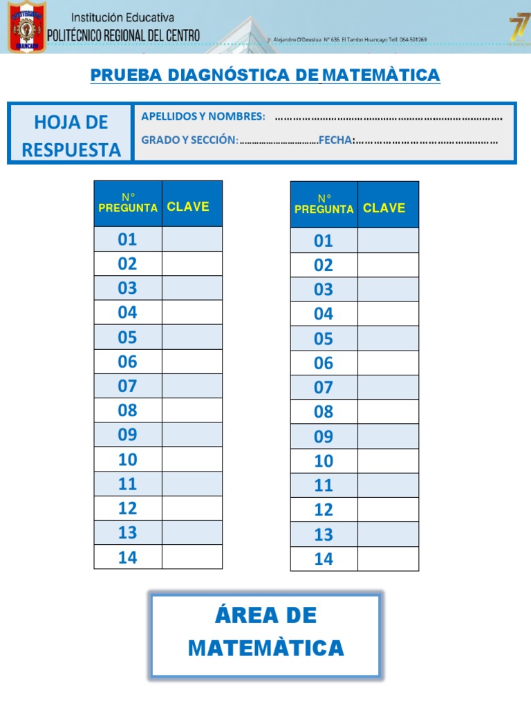 Prueba Diagnóstica de Matemática | PDF