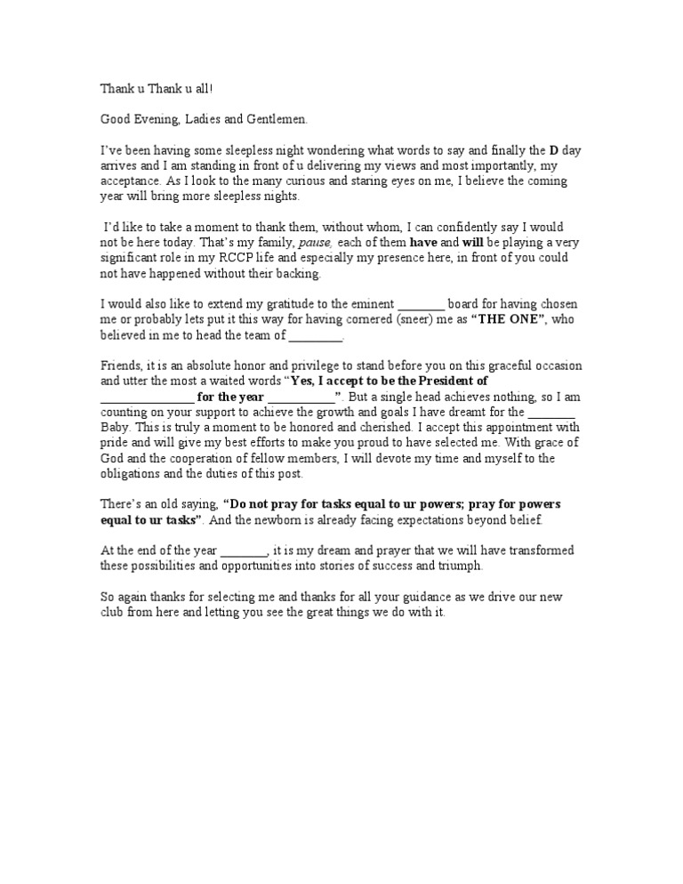 Club President Acceptance Speech | PDF | Prayer