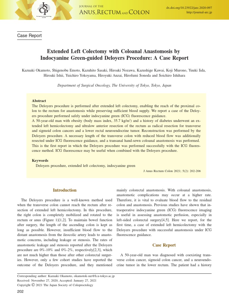 Extended Left Colectomy With Coloanal Anastomosis by Indocyanine Green ...