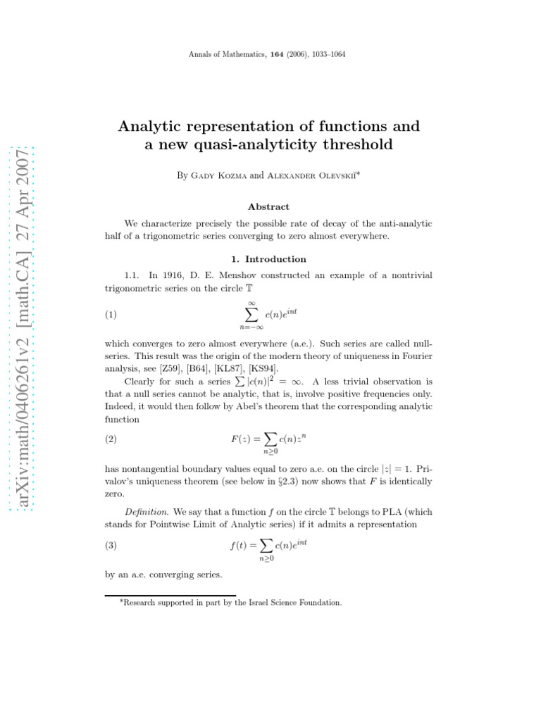 Analytic Representation of Functions and A New Quasi-Analyticity ...