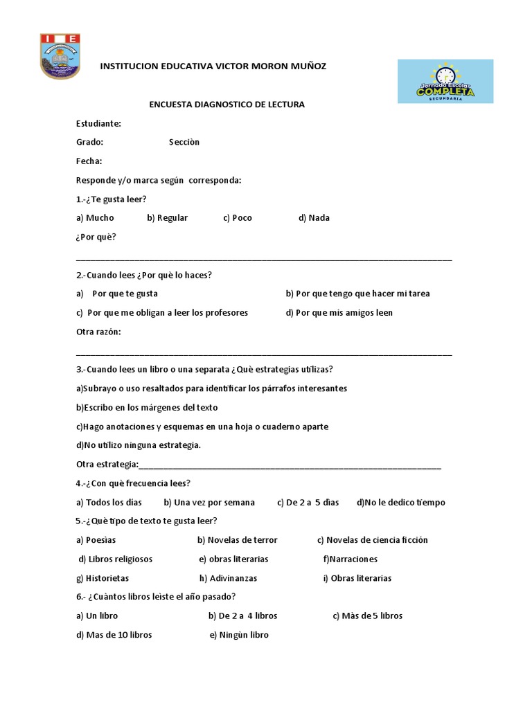 Encuesta de Diagnóstico de Lectura | PDF | Crecimiento personal y ...