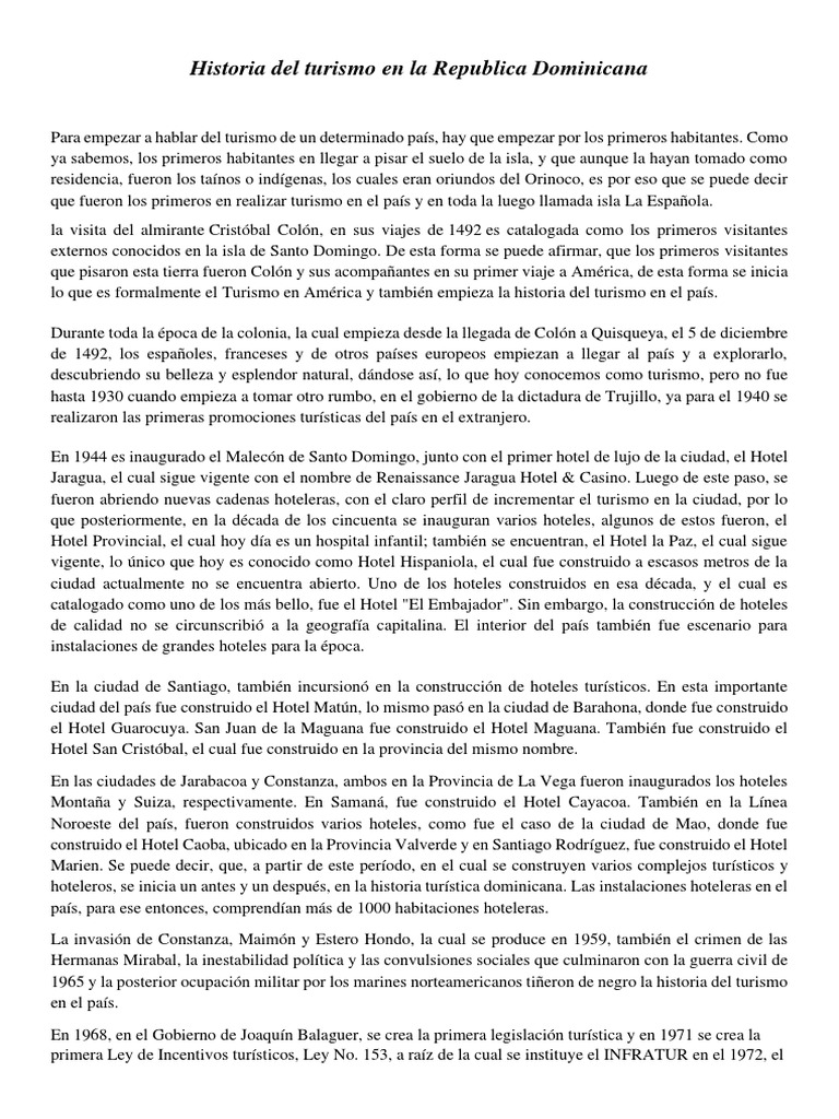 Historia Del Turismo en La Republica Dominicana (Legislacion Del ...