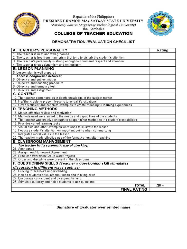 Evaluation Checklist For Demonstration | PDF | Teachers | Communication