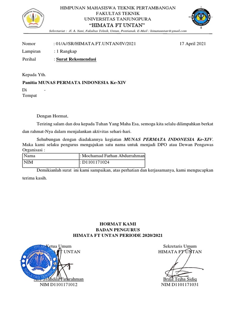 Surat Rekomendasi DPO HIMATA FT UNTAN | PDF