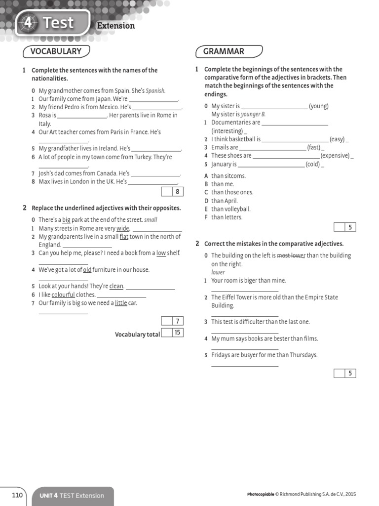 Achievers A1 Test Unit 4 Extension | PDF