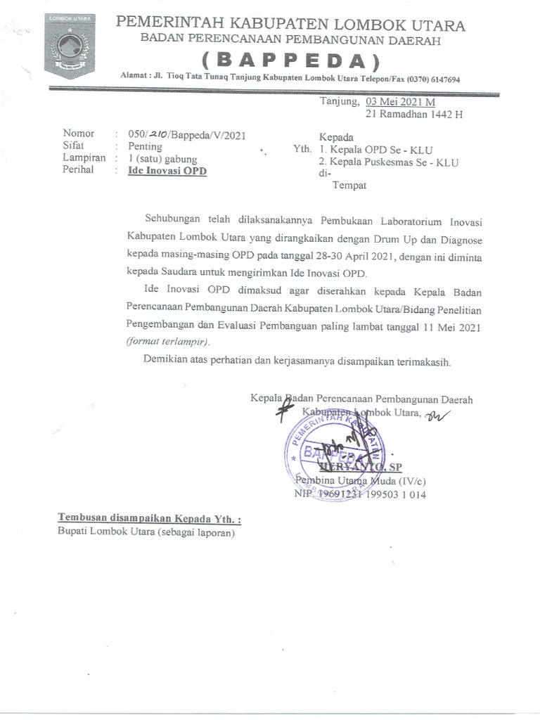 Surat Bappeda Ide Inovasi Opd | PDF