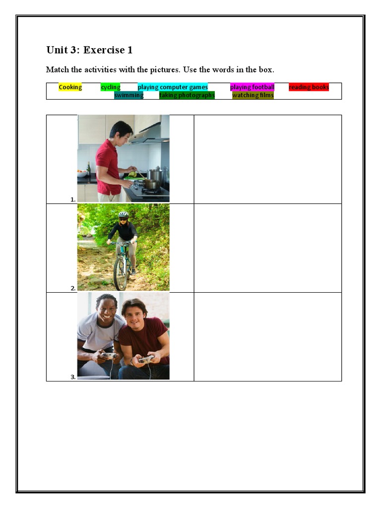 Unit 3: Exercise 1: Match The Activities With The Pictures. Use The Words in The Box | PDF ...