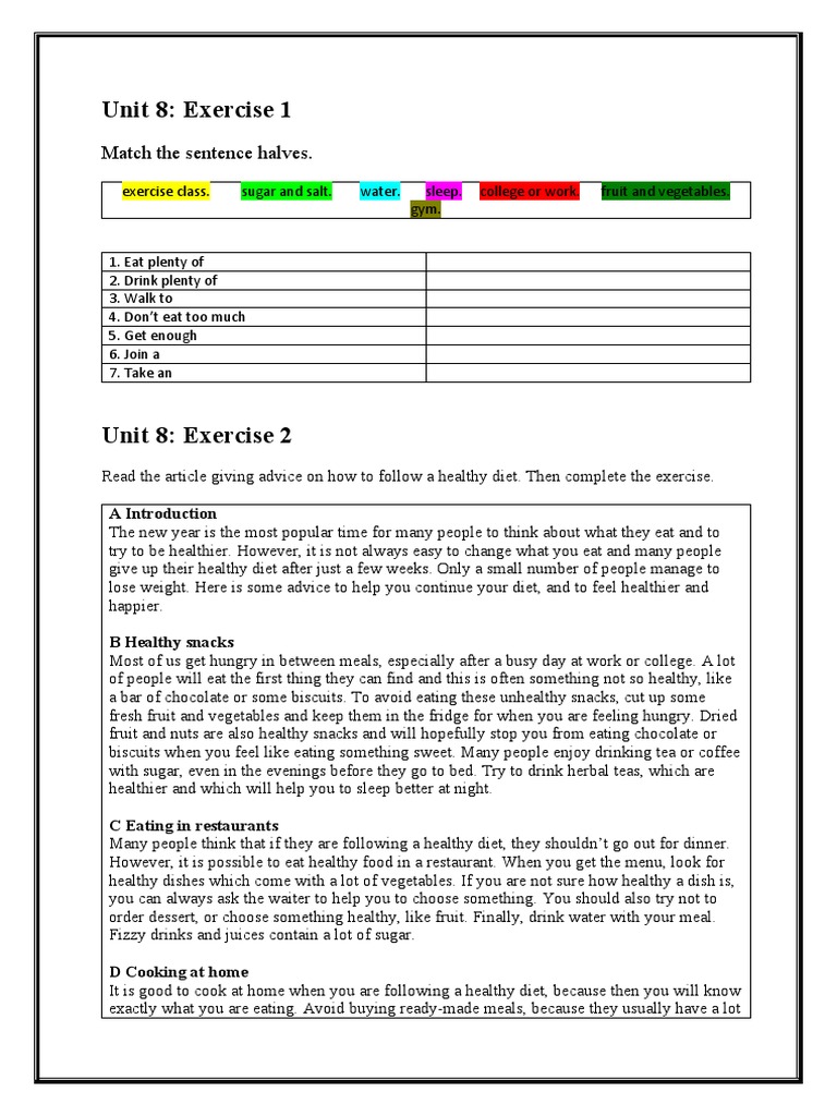 Unit 8: Exercise 1: Match The Sentence Halves | PDF | Lunch | Meal
