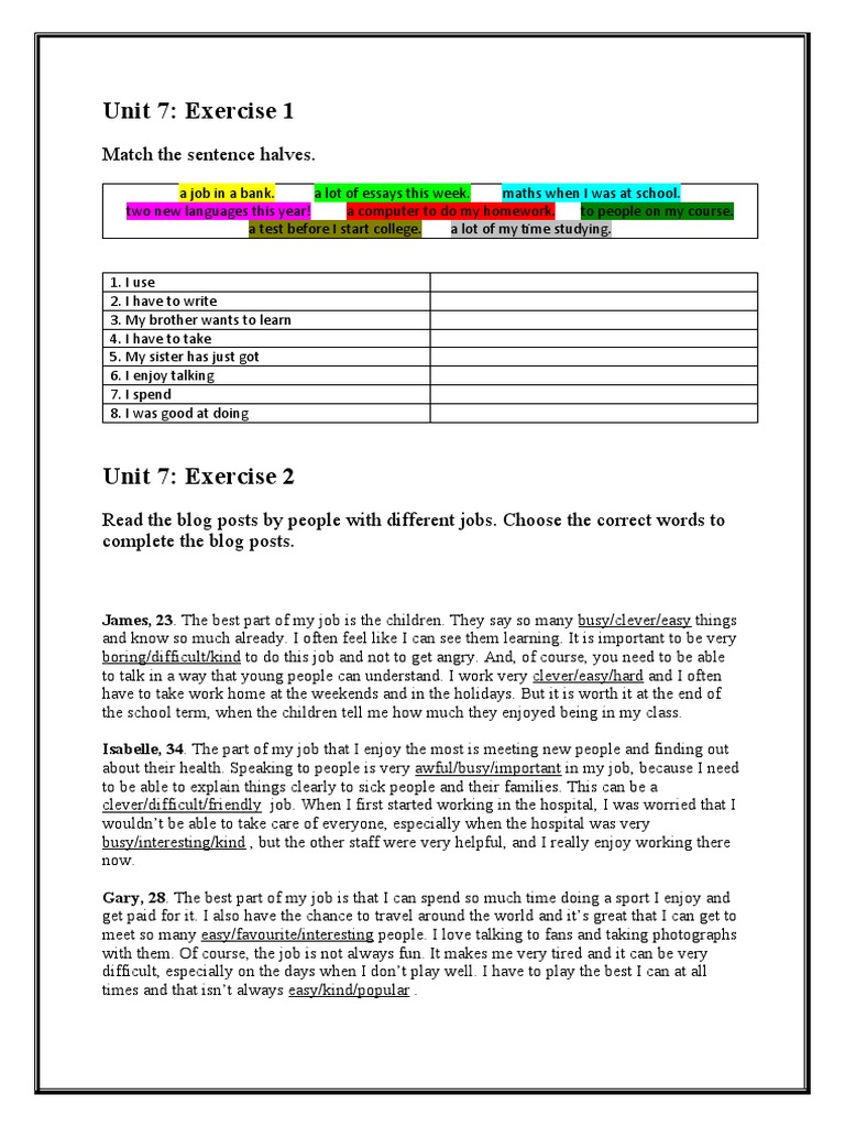 Unit 7: Exercise 1: Match The Sentence Halves | PDF | Sentence (Linguistics) | Essays