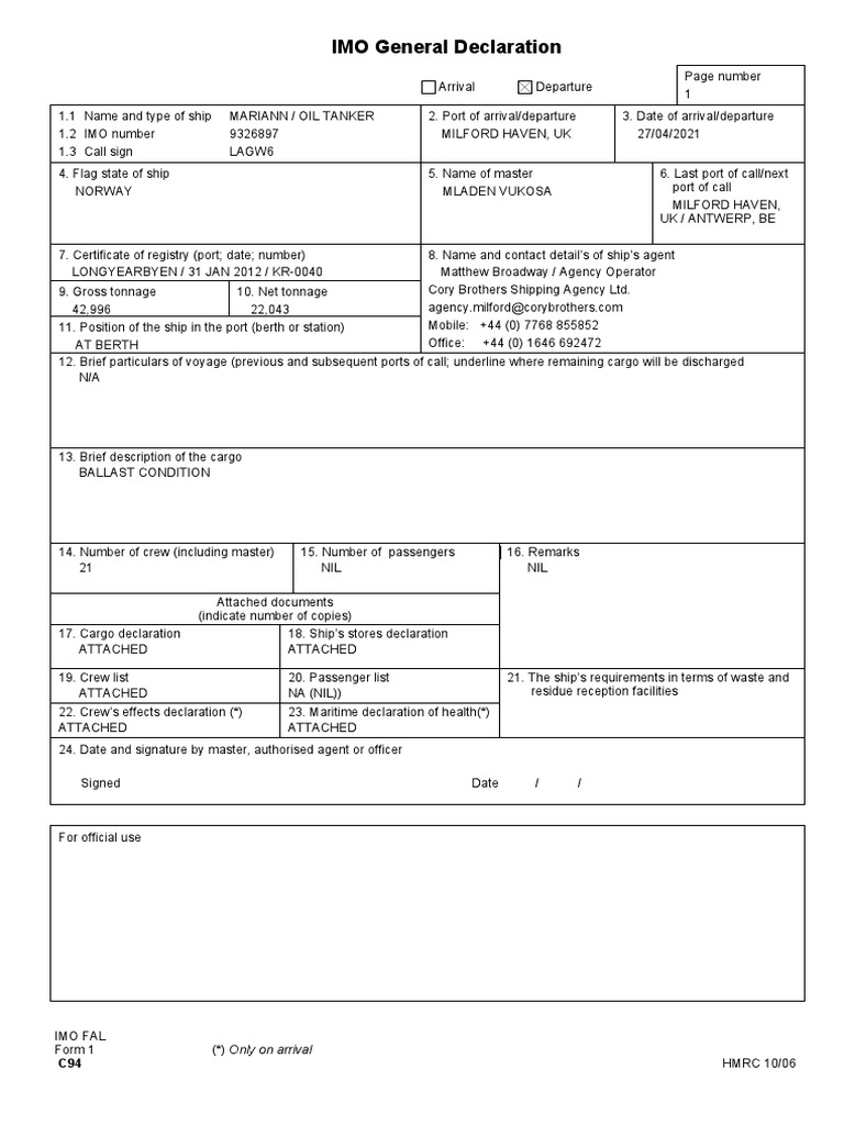 IMO General Declaration | Download Free PDF | Port | Tonnage