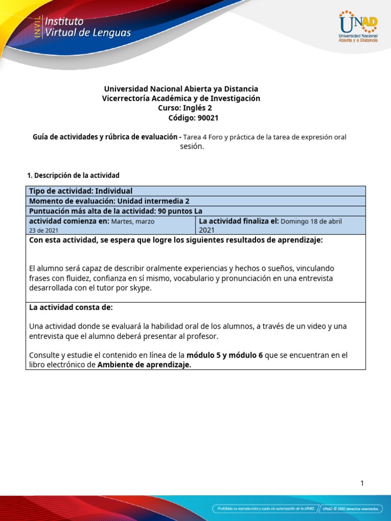 Activities Guide and Evaluation Rubric - Unit 2 - Task 4 - Speaking Task Forum and Practice ...