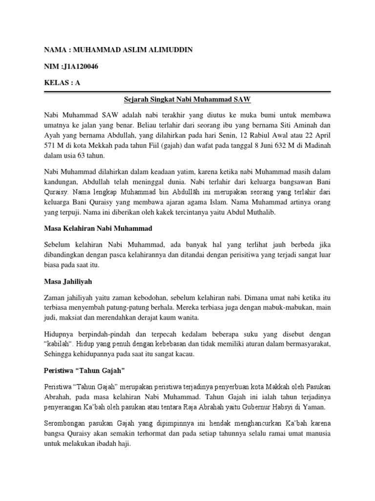 Muhammad Aslim Alimuddin J1a120046 Sejarah Singkat Nabi Muhammad Saw | PDF