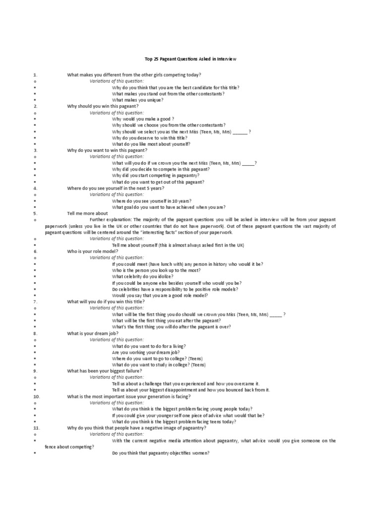 Top 25 Pageant Questions Asked in Interview | PDF | Marriage