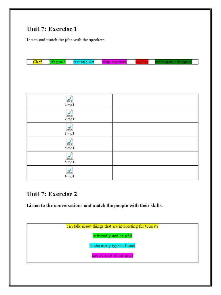Unit 7: Exercise 1: Listen To The Conversations and Match The People With Their Skills | PDF ...