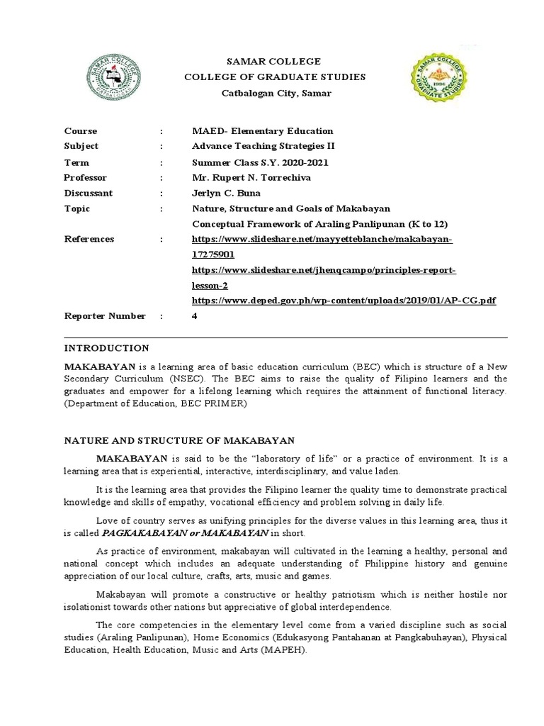 Makabayan Curriculum Overview K-12 | PDF | Learning | Curriculum