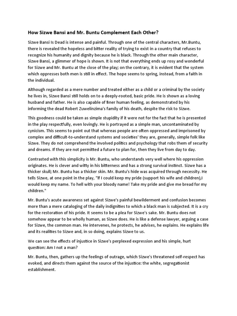 How Sizwe Bansi and Mr. Buntu Complement Each Other | PDF | Hope | Self Esteem