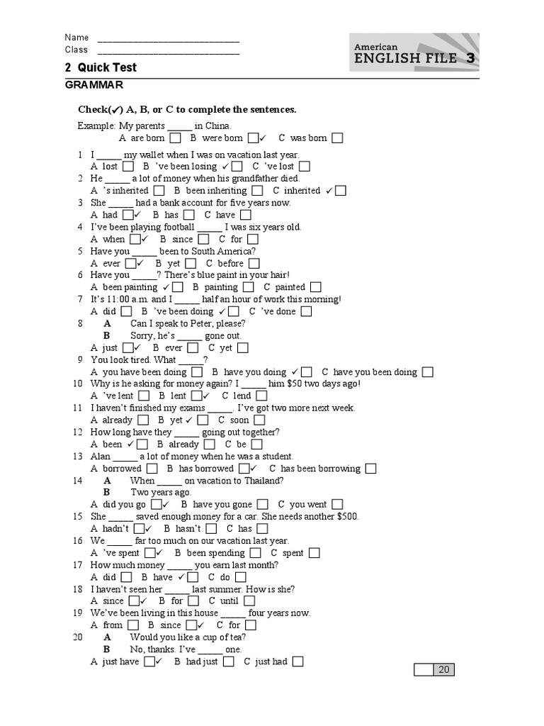 2 Quick Test: Grammar Check ( ) A, B, or C To Complete The Sentences ...