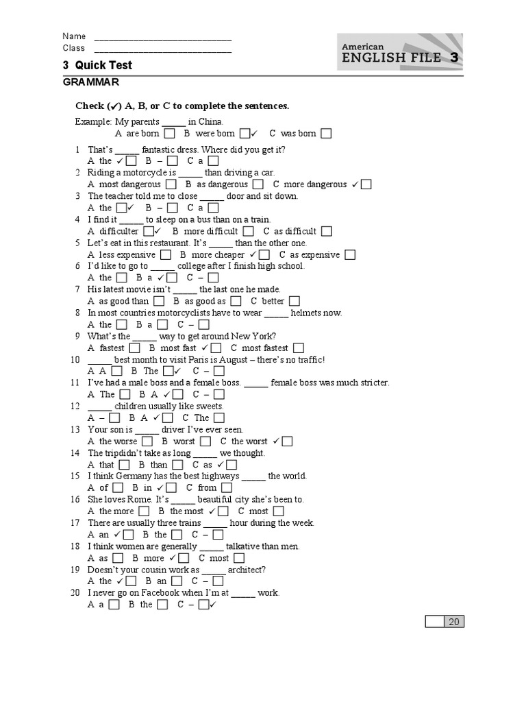 3 Quick Test: Grammar Check ( ) A, B, or C To Complete The Sentences ...