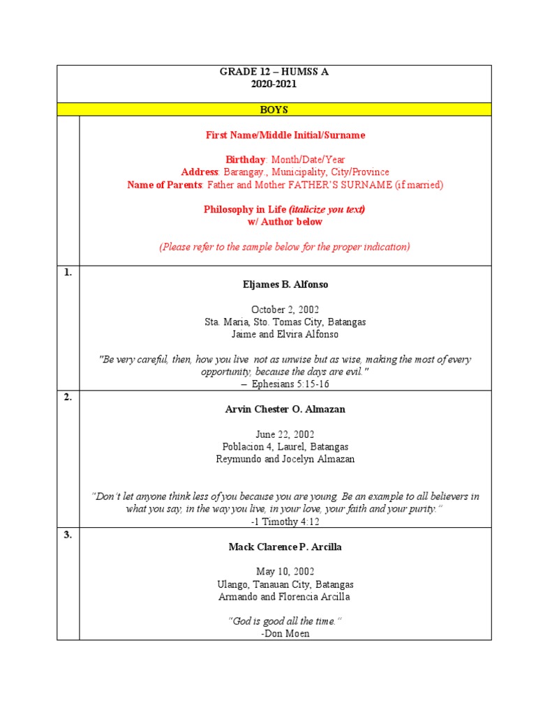 Grade 12 - Humss A 2020-2021 Boys: (Please Refer To The Sample Below ...