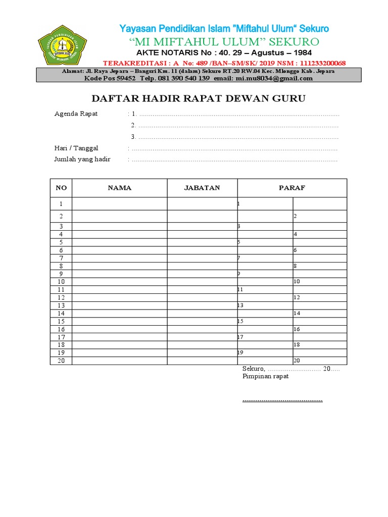 Daftar Hadir Rapat Guru | PDF