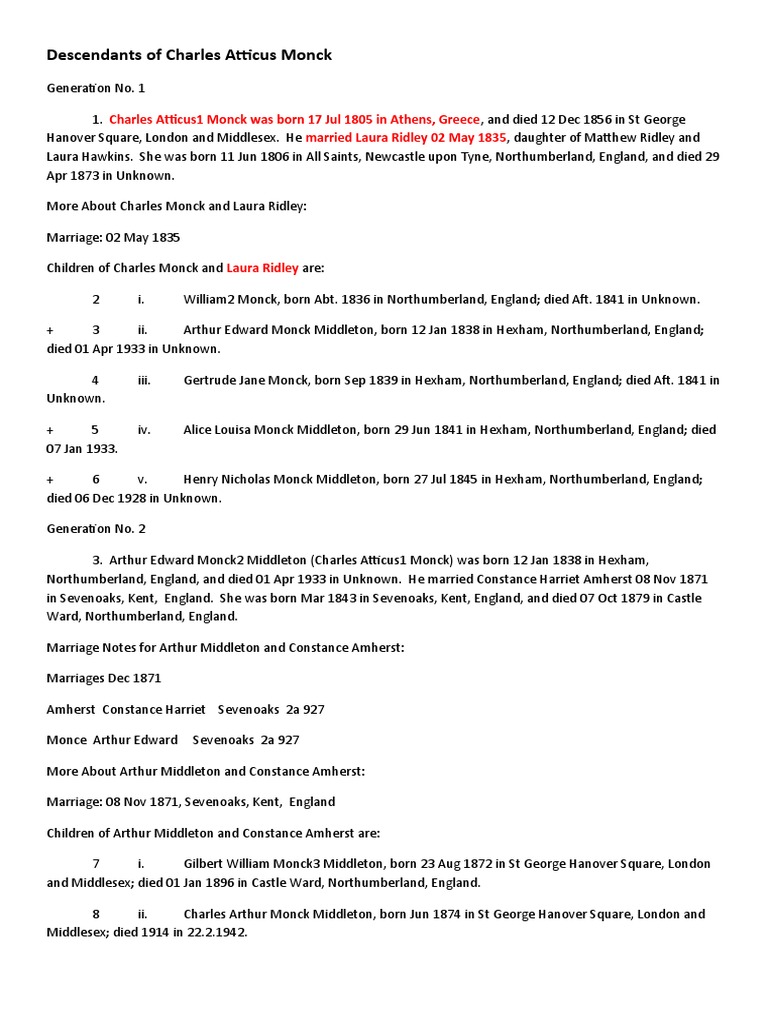 Monck Family Tree: Charles Atticus Descendants | PDF