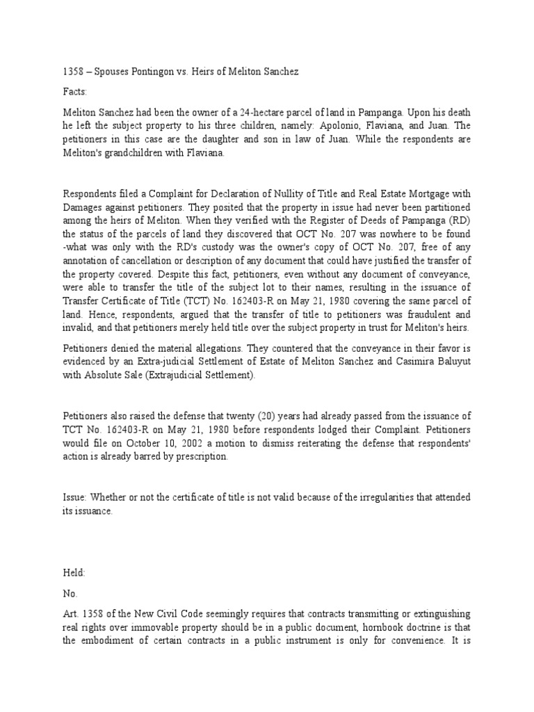 Spouses Pontingon vs. Heirs of Meliton Sanchez | PDF | Fraud | Mortgage Law