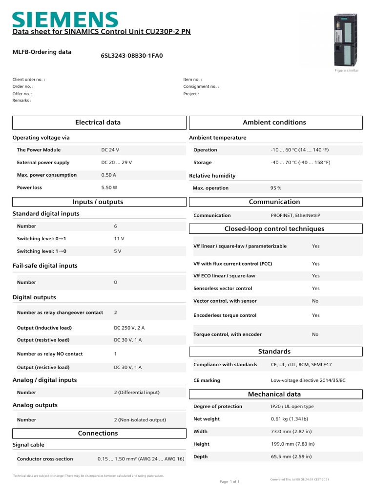 Data Sheet For SINAMICS Control Unit CU230P-2 PN: Ambient Conditions ...