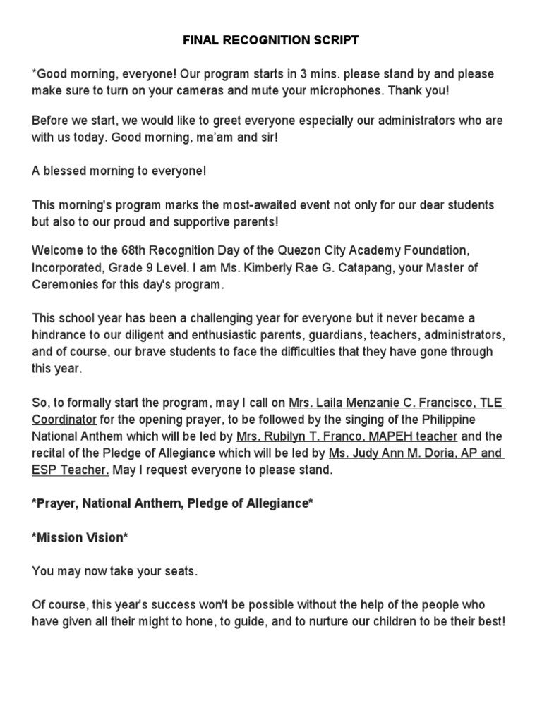Grade 9 Recognition Day Script 2025 | PDF | Career & Growth | Wellness