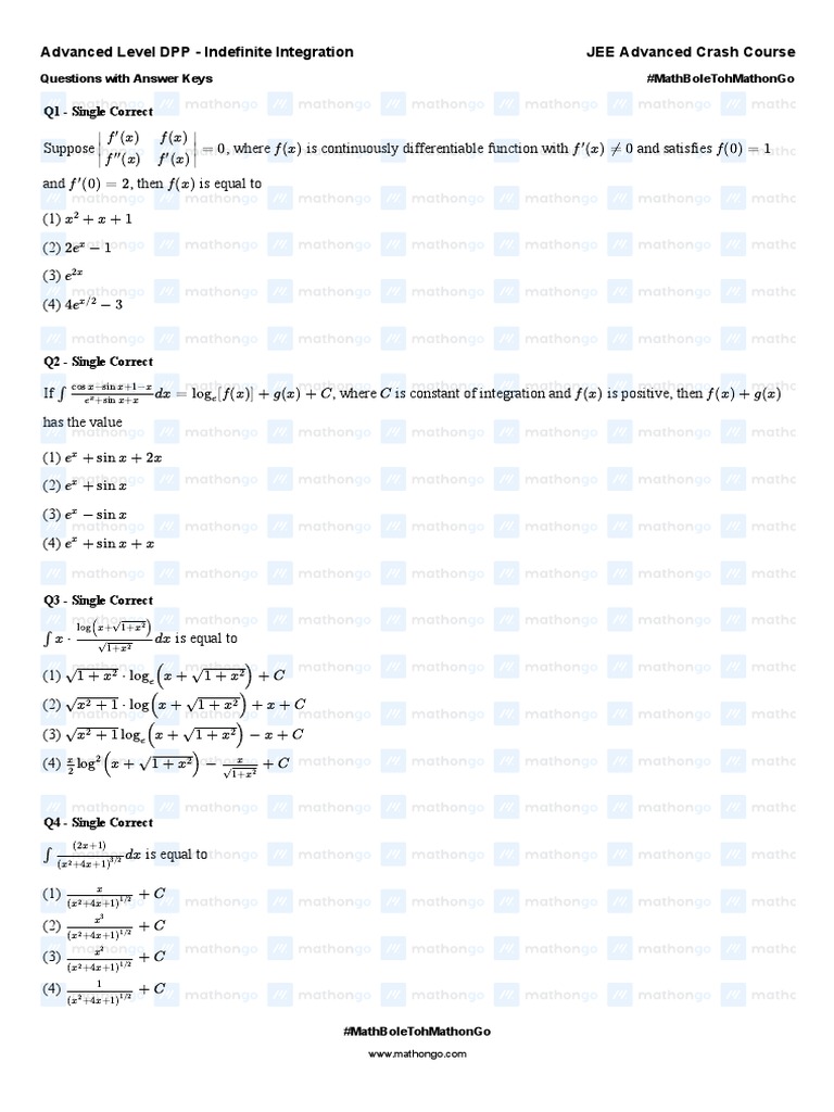 Advanced Level DPP Indefinite Integration Question | PDF | Functions And Mappings | Geometry