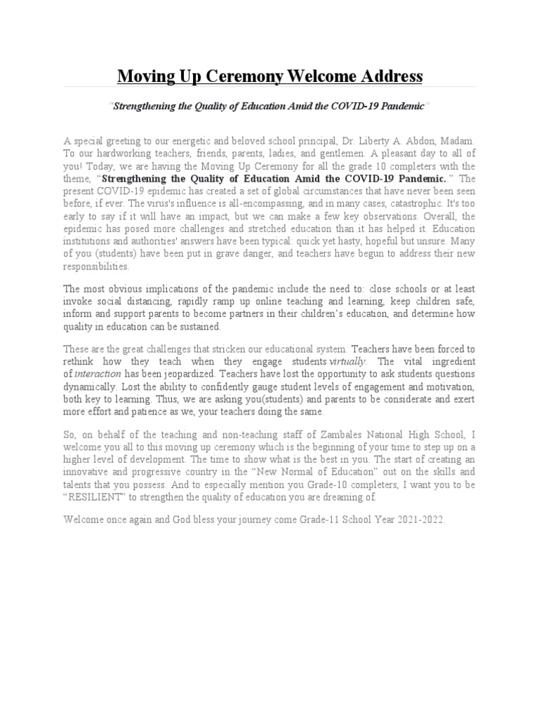 Welcome Address for Grade 10 Moving Up | PDF | Teachers | Teaching