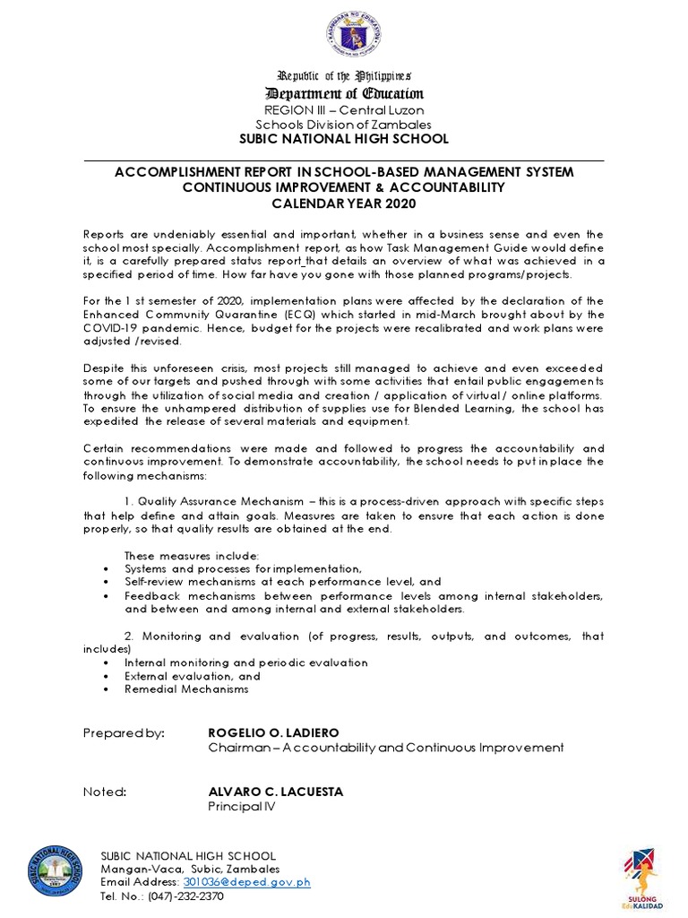 Accomplishment Report in School Based Management | PDF | Human Nature ...