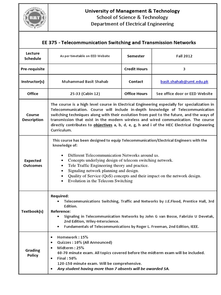 Telecommunication Switching and Transmission Networks Course Overview ...