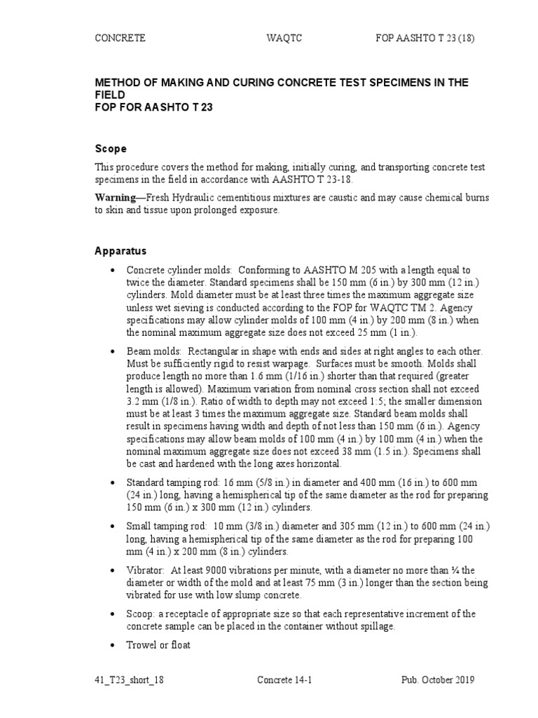 Method of Making and Curing Concrete Test Specimens in The Field Fop ...
