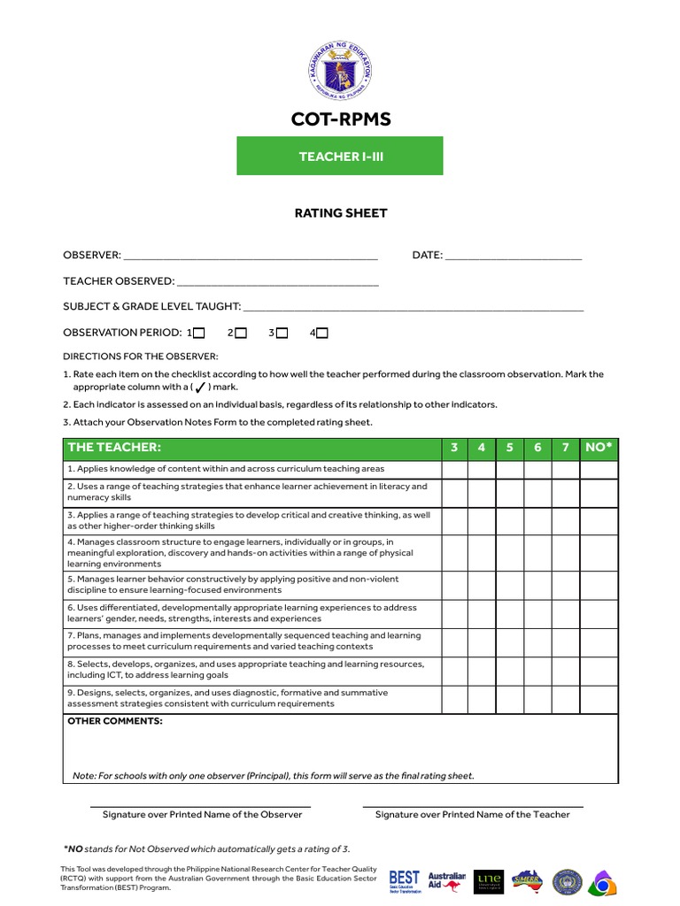 COT-RPMS Rating Sheet for Teachers I-III | PDF | Curriculum | Learning