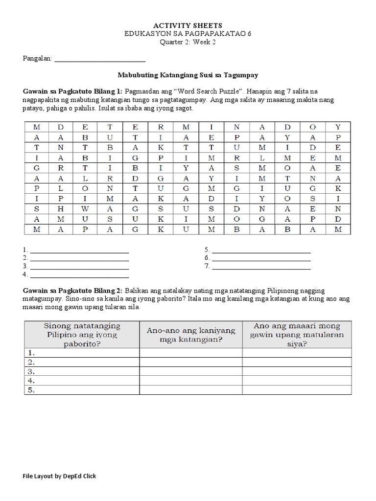 ESP 6 Activity Sheet Q3 W2 | PDF